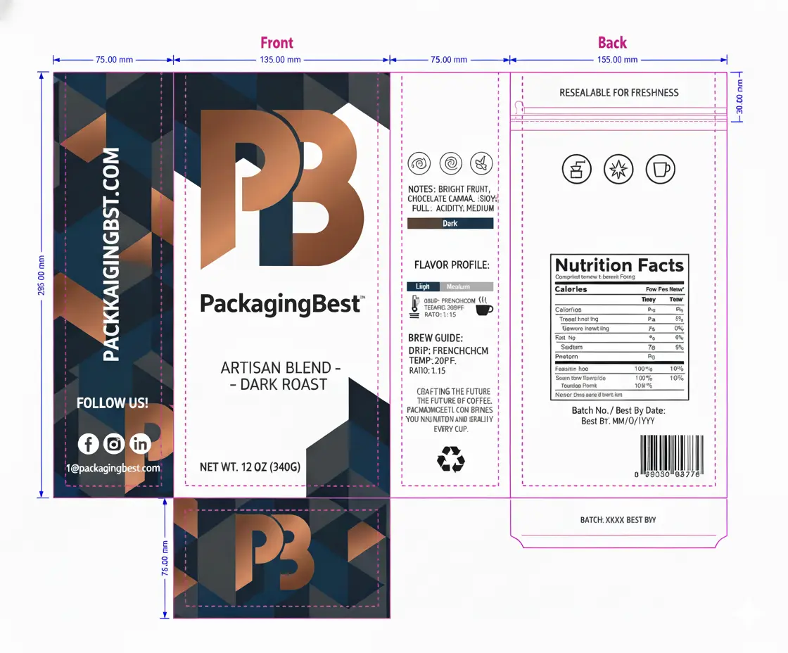 Coffee Bag Dieline Template (Free PDF) - PackagingBest